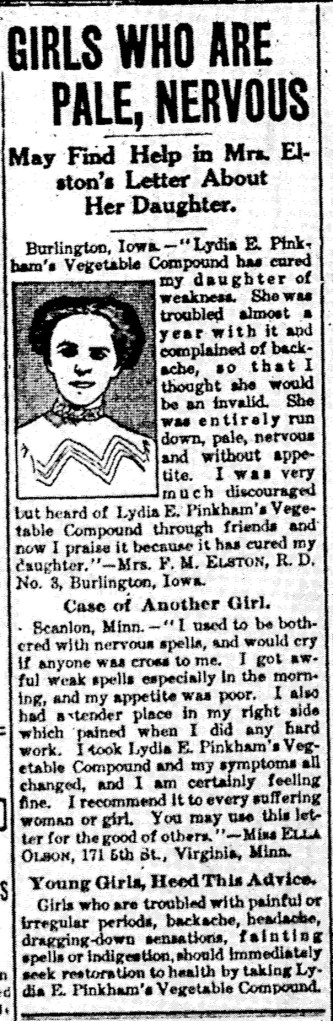 Lydia E. Pinkham’s Vegetable Compound Advertisement – A Hundred Years Ago