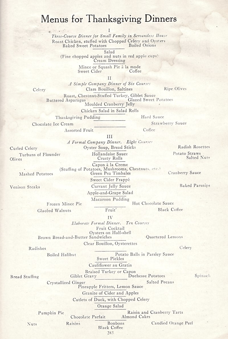 1921 Thanksgiving Menus – A Hundred Years Ago