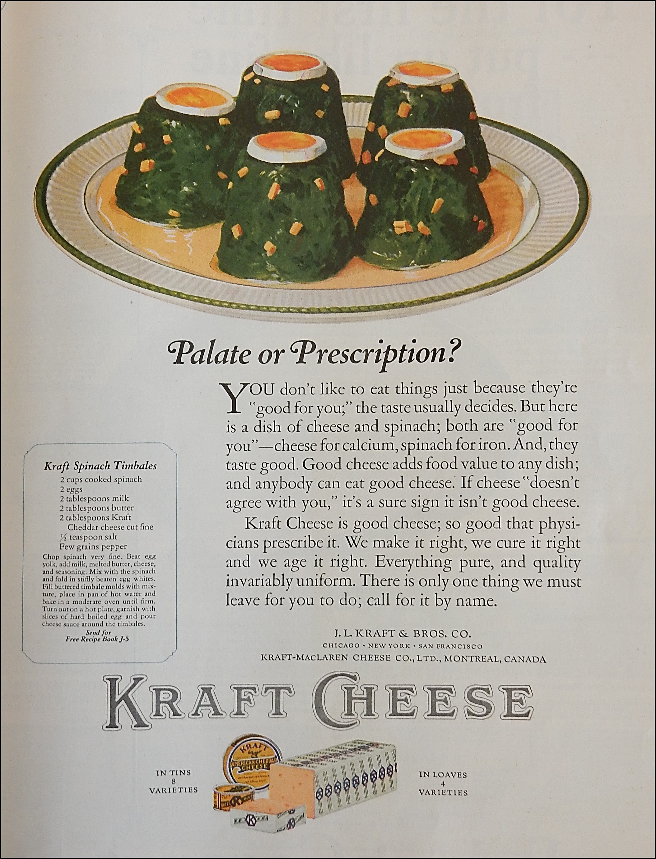 1923 Kraft Cheese Advertisement (with Recipe for Spinach Timbales) – A ...