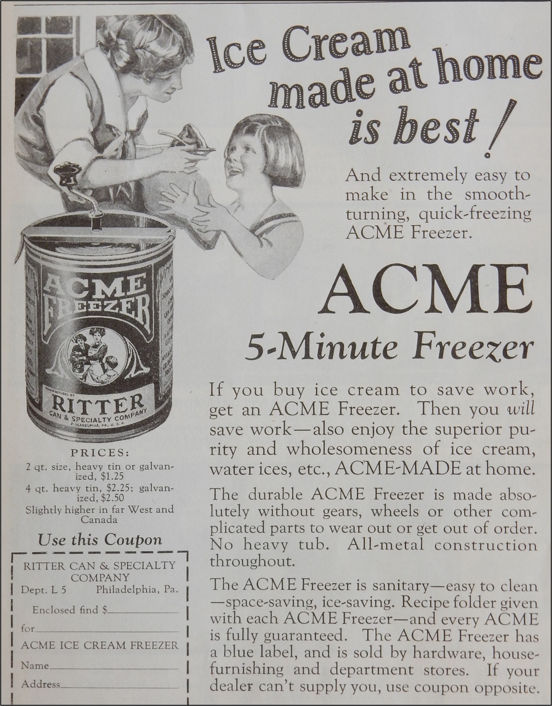 1923 Acme Ice Cream Freezer Advertisement – A Hundred Years Ago