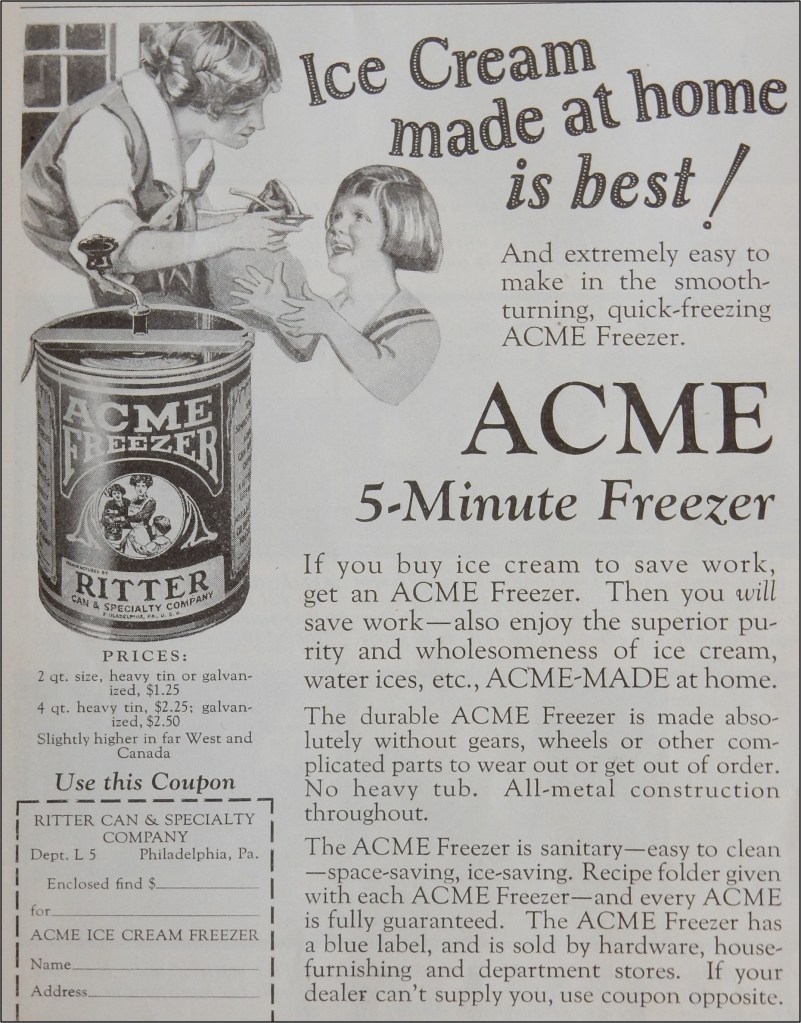 1923 Acme Ice Cream Freezer Advertisement – A Hundred Years Ago