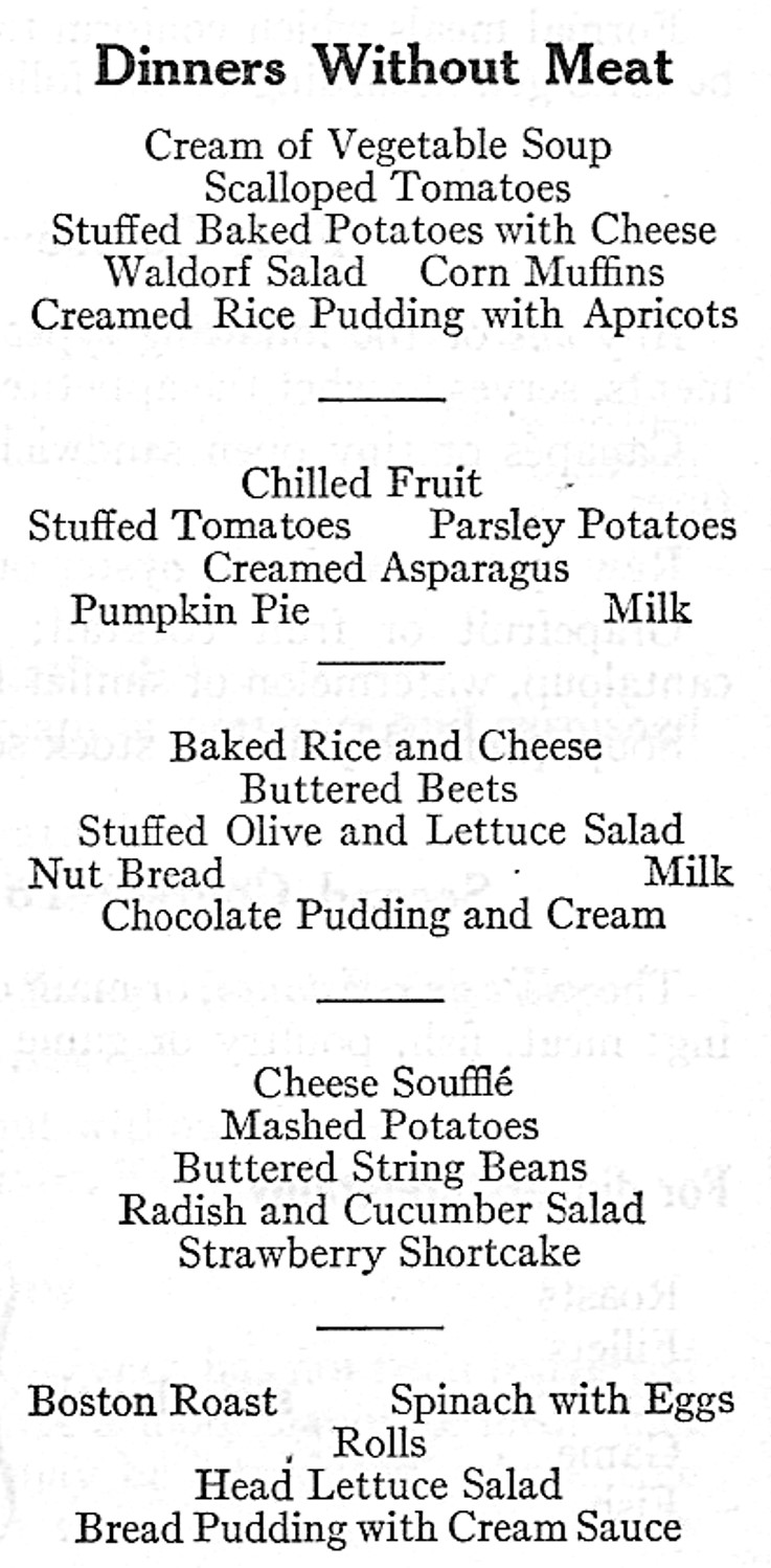 1924 Menus for Meatless Meals – A Hundred Years Ago