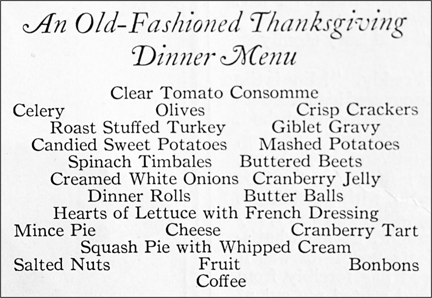1925 Thanksgiving Menu – A Hundred Years Ago